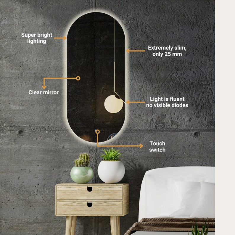 Pill Oval LED Mirror With Rear Lighting | Touch Switch | Hallway Mirror ...