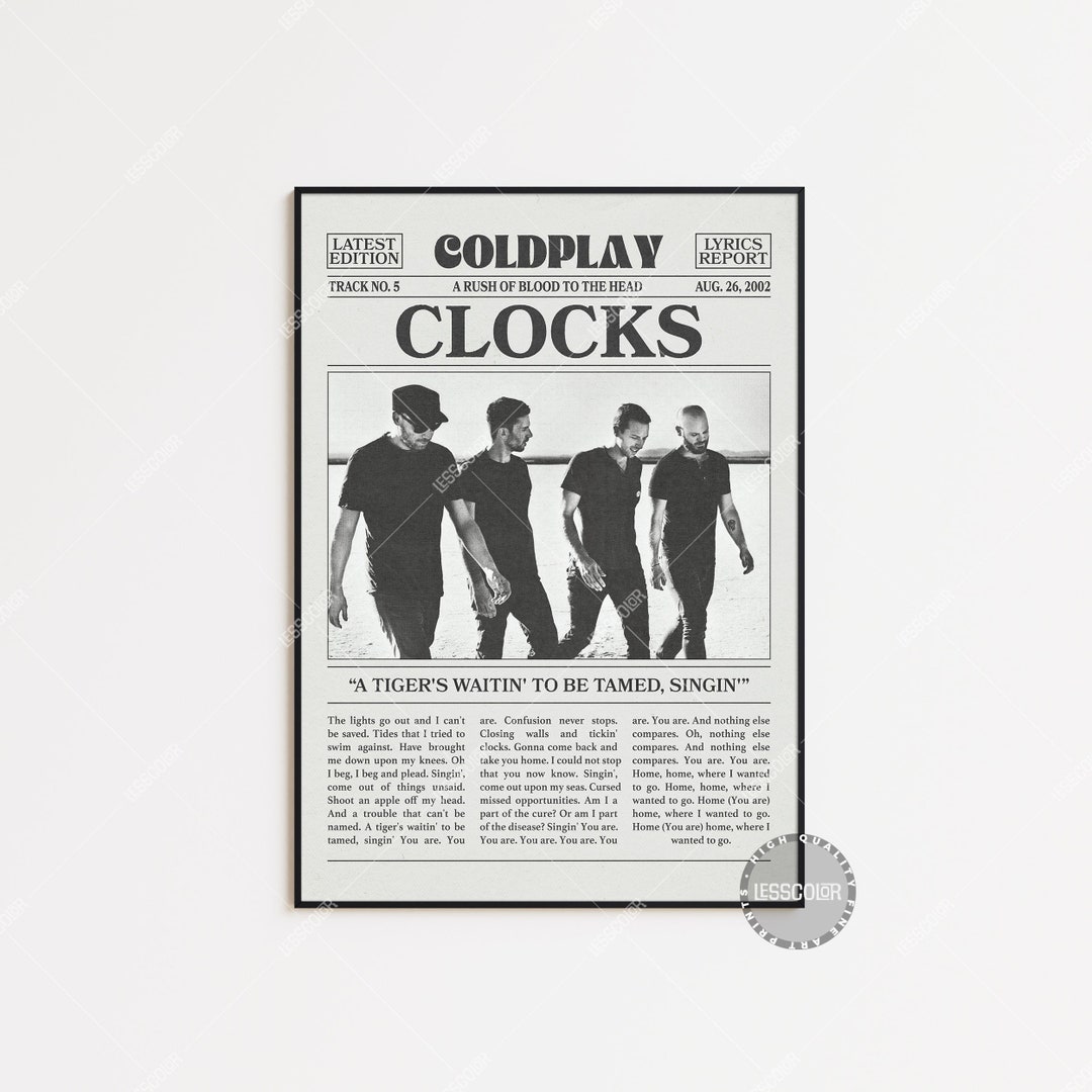 Coldplay Retro Newspaper Print, Clocks Poster, Clocks Lyrics Print ...