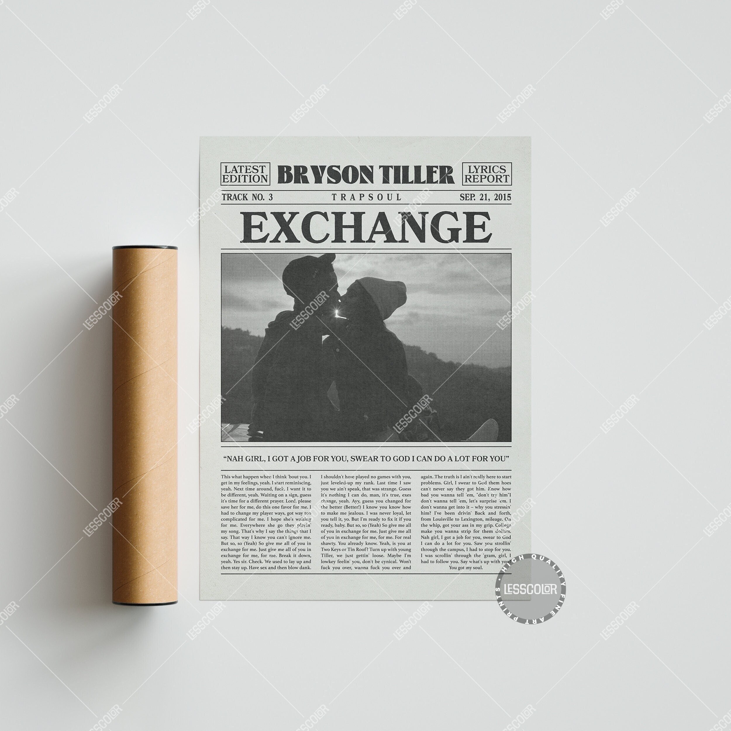 Bryson Tiller Newspaper Print, Exchange Poster, Exchange Lyrics Print ...