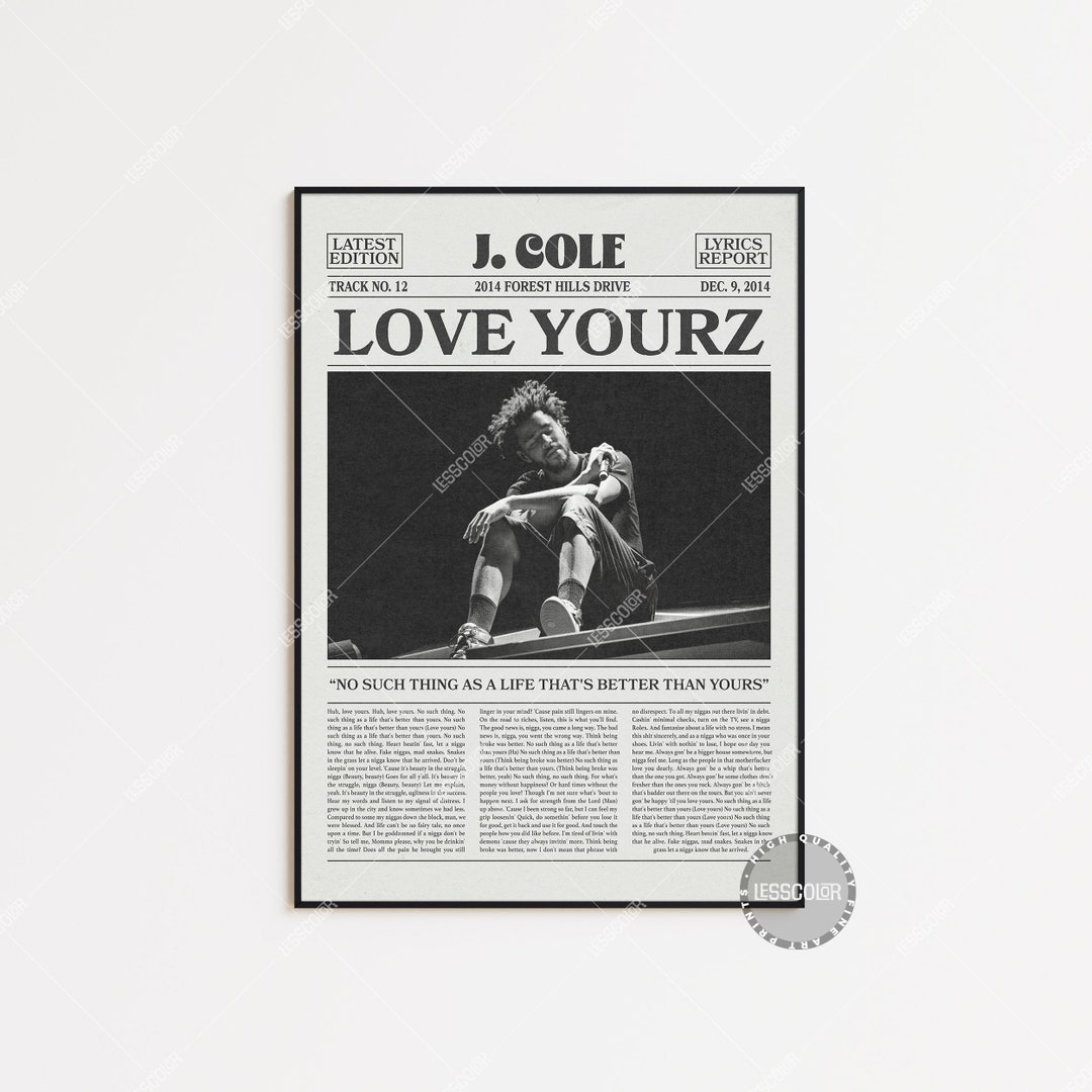 J. Cole Retro Newspaper Print, Love Yourz Poster, Lyric Print, J. Cole Poster, 2014 Forest Hills ...