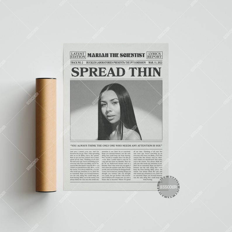 Mariah the Scientist Newspaper Print, Spread Thin Poster, Lyrics Print ...
