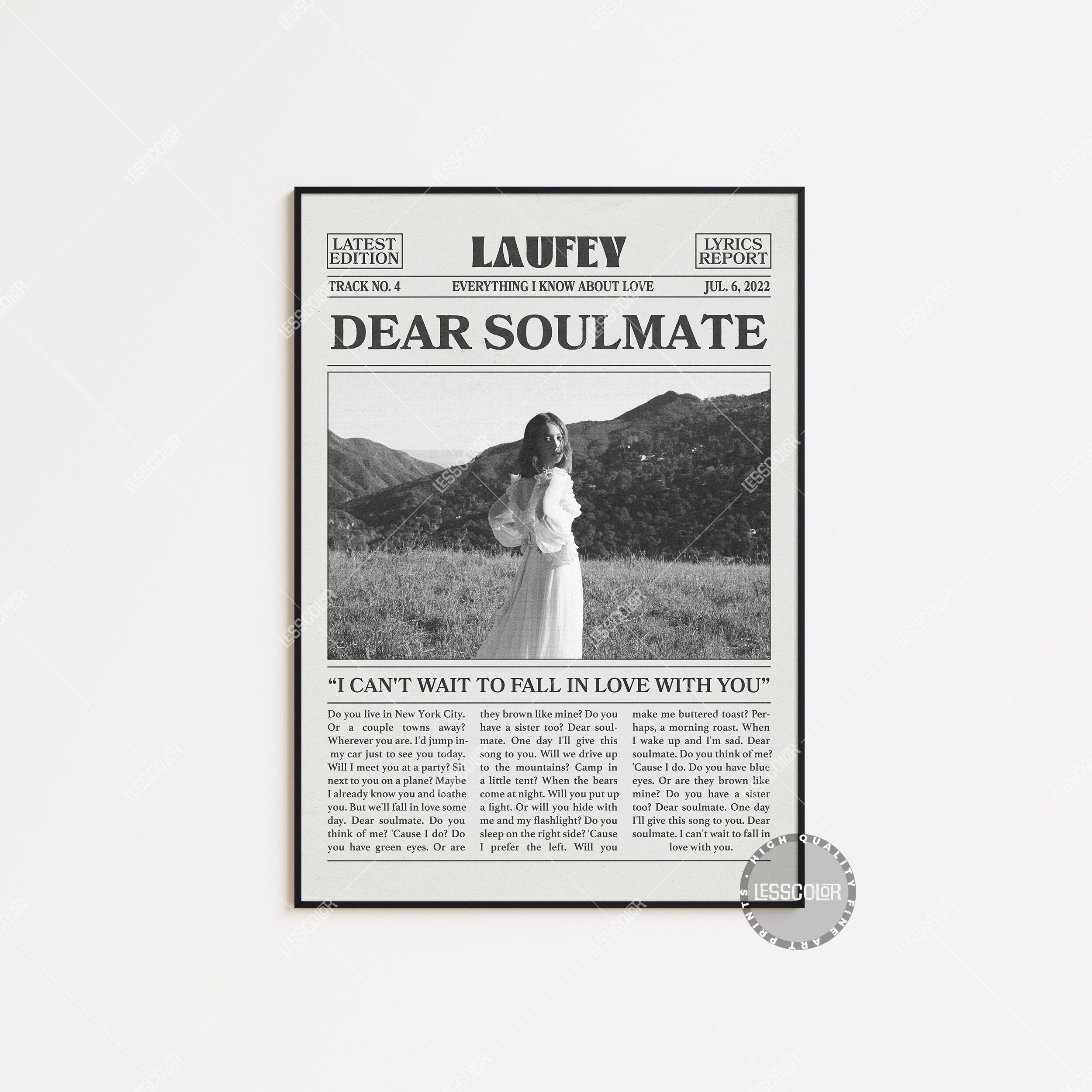 Laufey Retro Newspaper Print, Dear Soulmate Poster, Dear Soulmate Lyrics Print, Everything I ...
