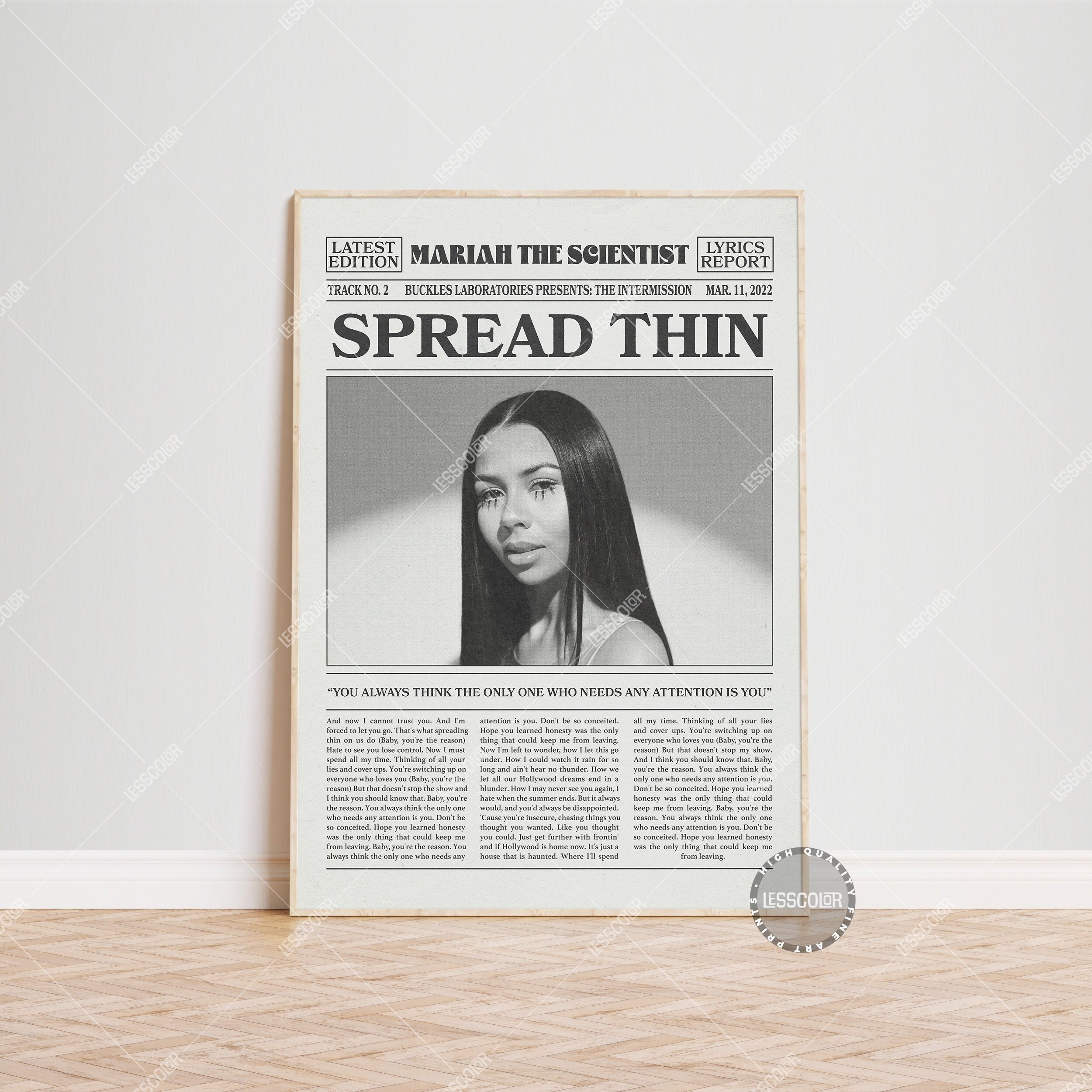 Mariah the Scientist Newspaper Print, Spread Thin Poster, Lyrics Print ...