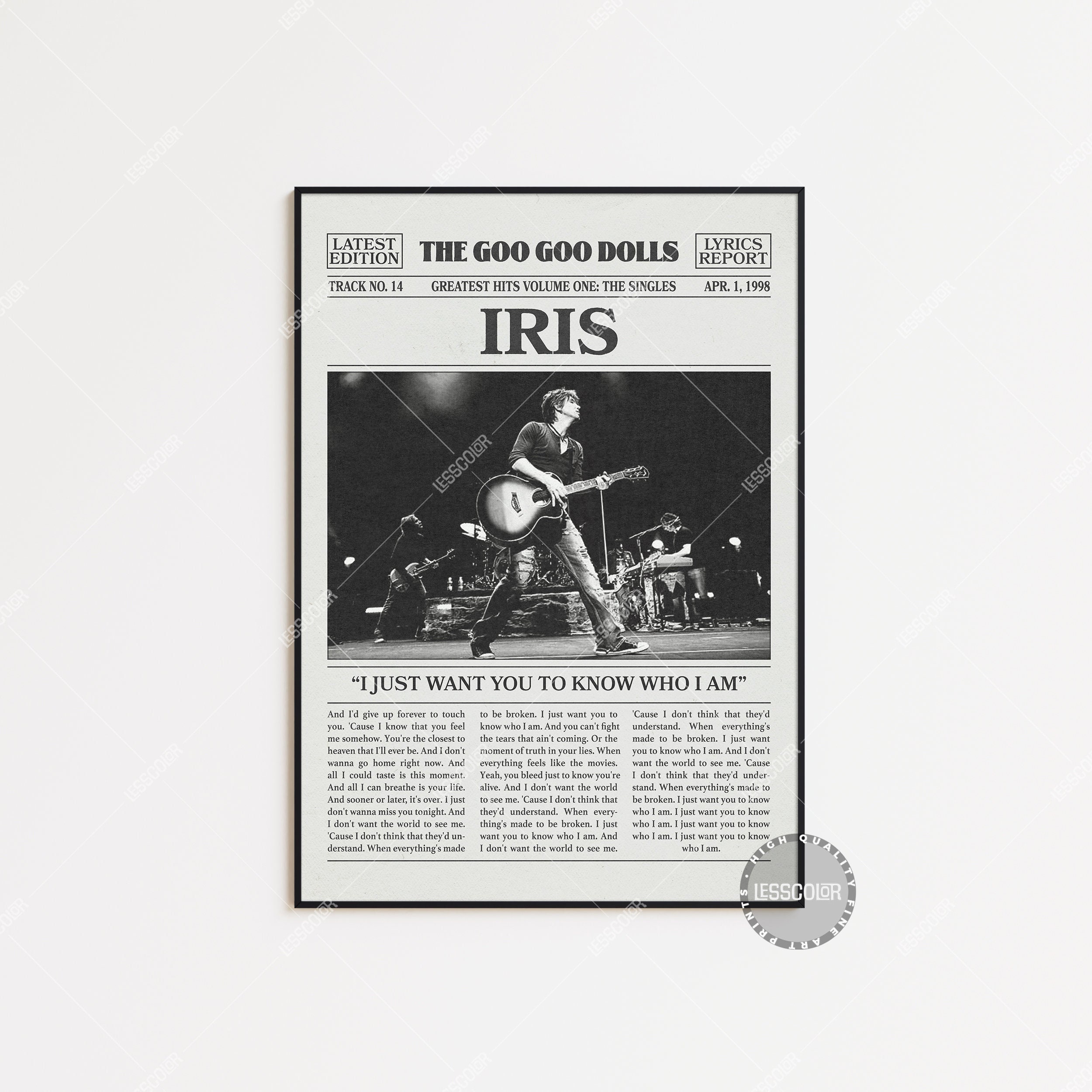Goo Goo Dolls Retro Newspaper Print, Iris Poster, Lyric Print, City of ...