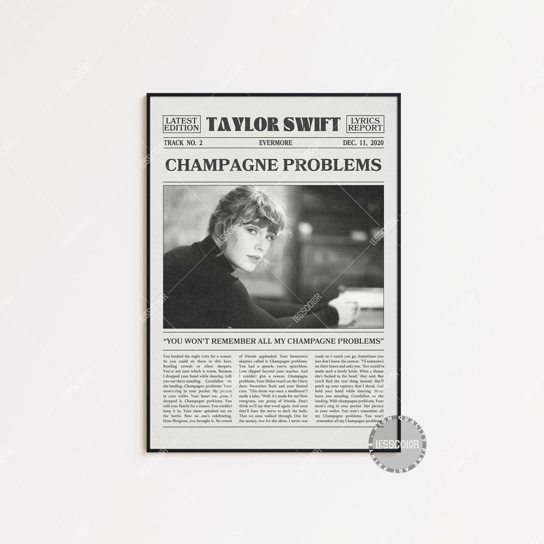 Taylor Swift Retro Newspaper Print, Champagne Problems Poster, Lyrics ...