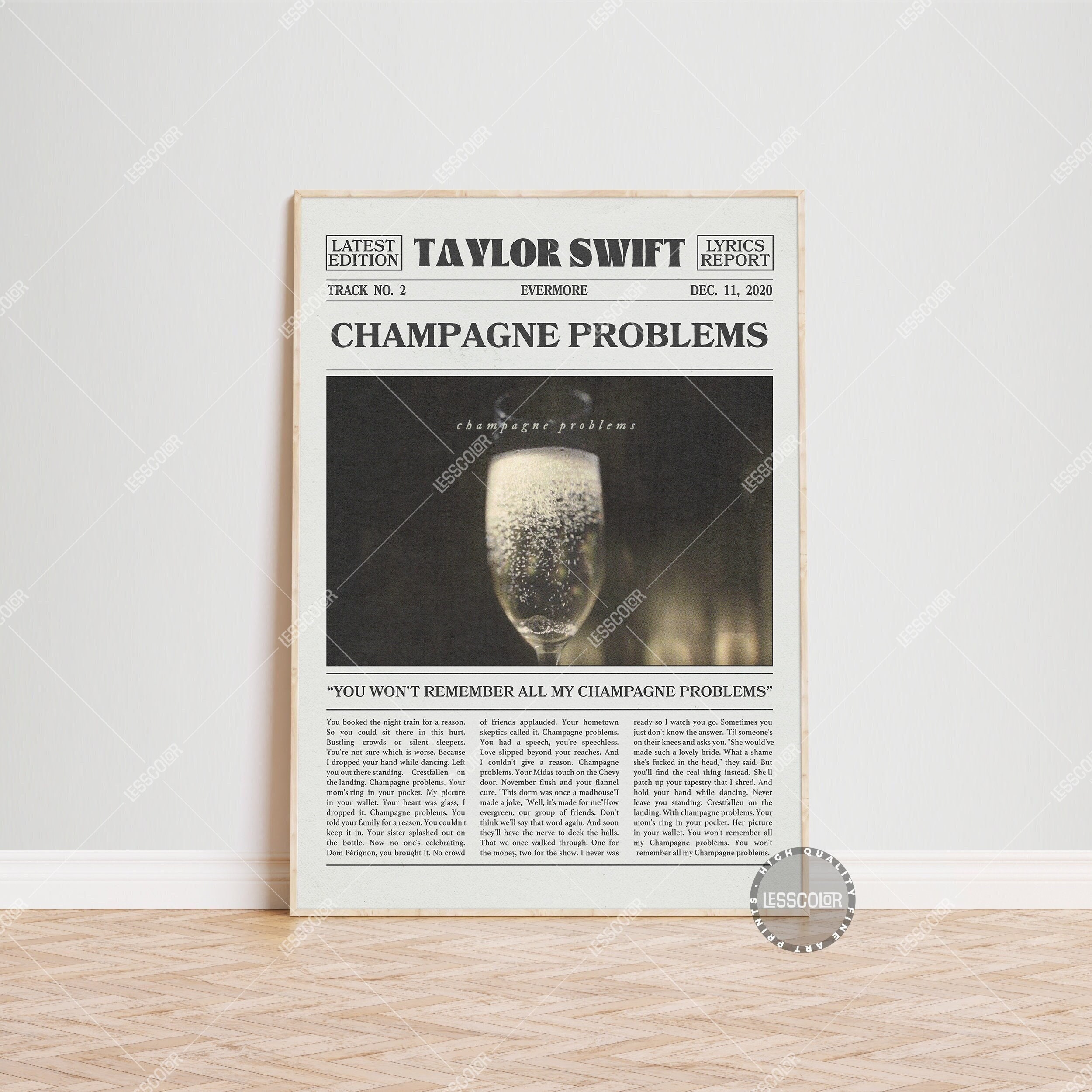 Taylor Swift Retro Newspaper Print, Champagne Problems Poster, Lyrics ...