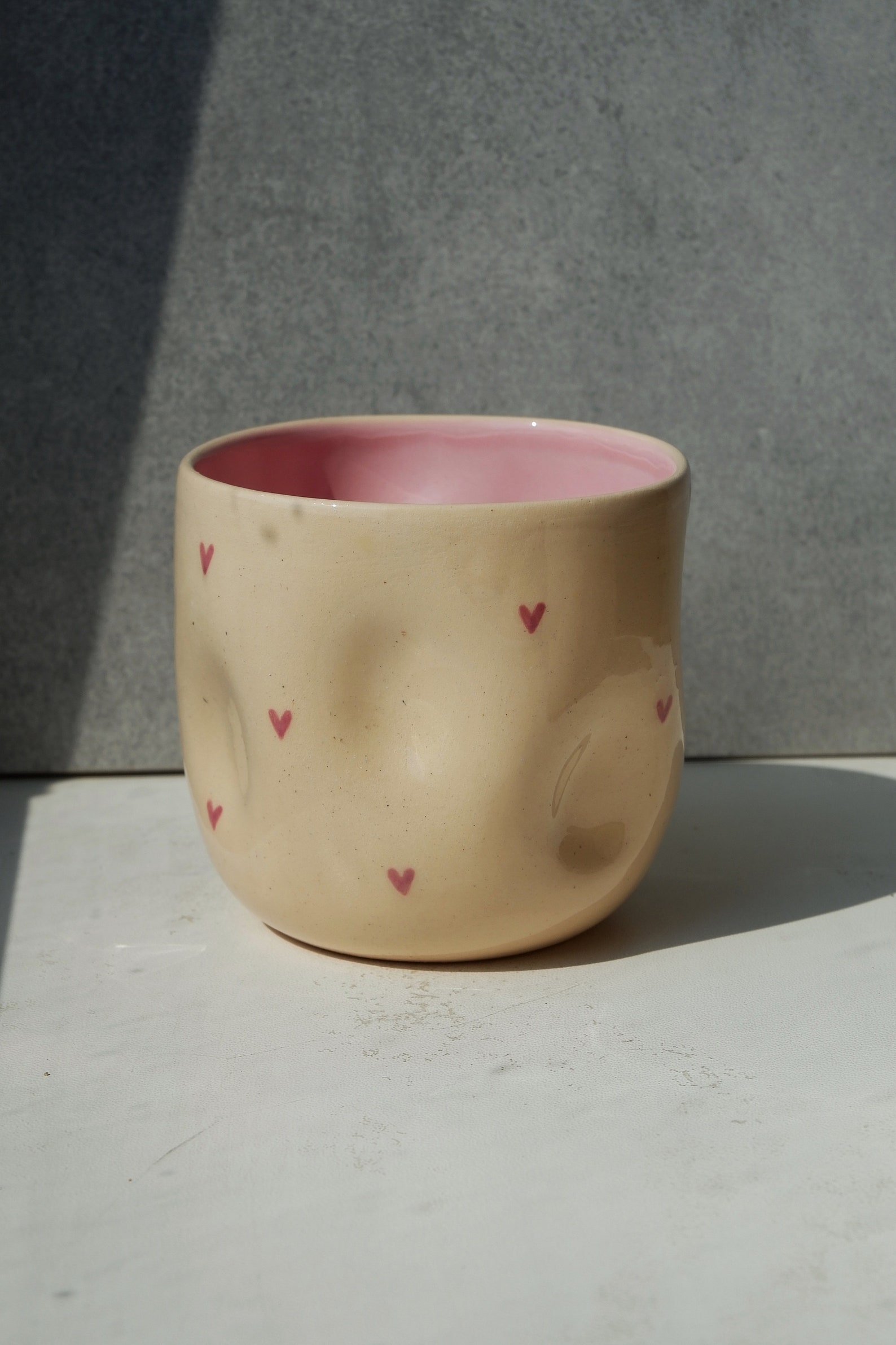 Ceramic Tumbler With Pink Hearts, Cute Beige Cup With Pink Hearts ...