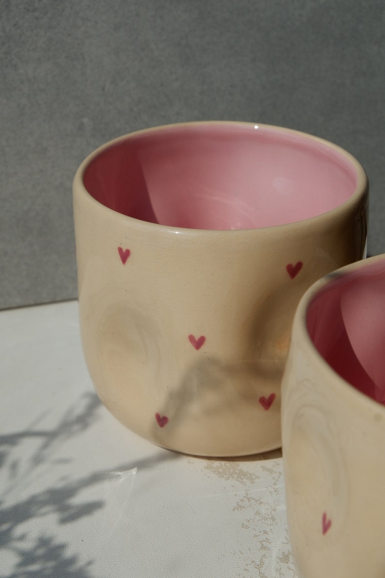 Ceramic Tumbler With Pink Hearts, Cute Beige Cup With Pink Hearts ...