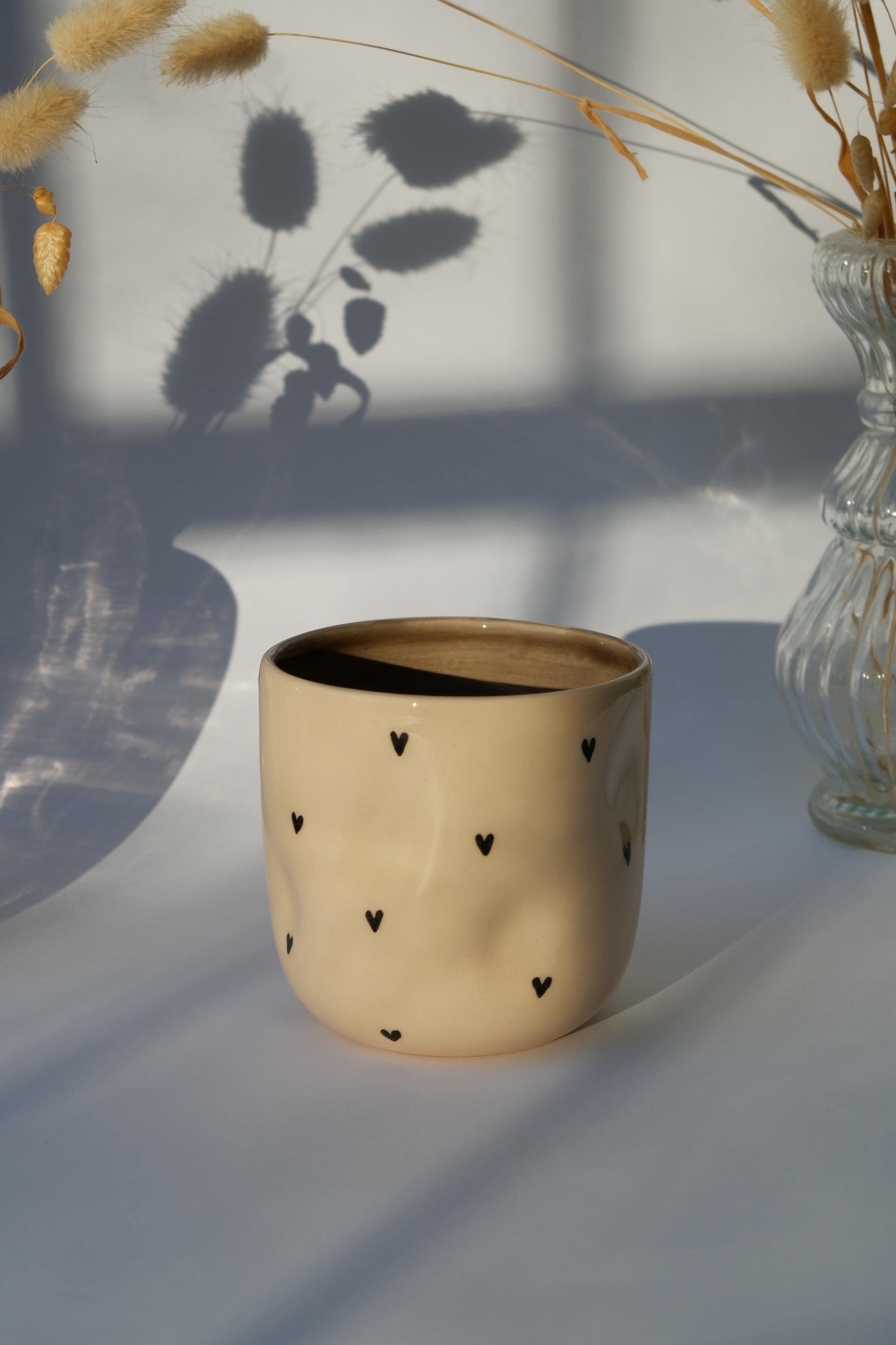 Ceramic Tumbler With Black Hearts Cute Beige Cup With Black Hearts ...