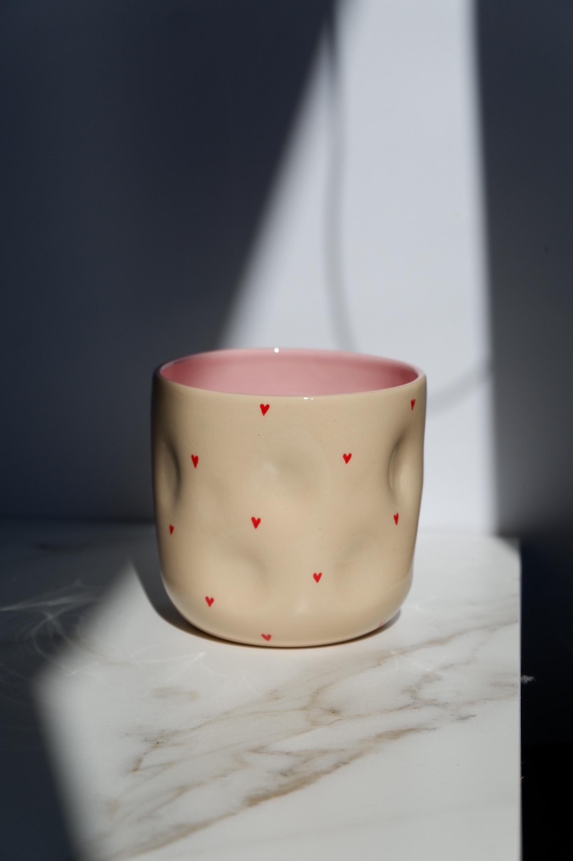 Ceramic Tumbler With Pink Hearts, Cute Beige Cup With Pink Hearts ...