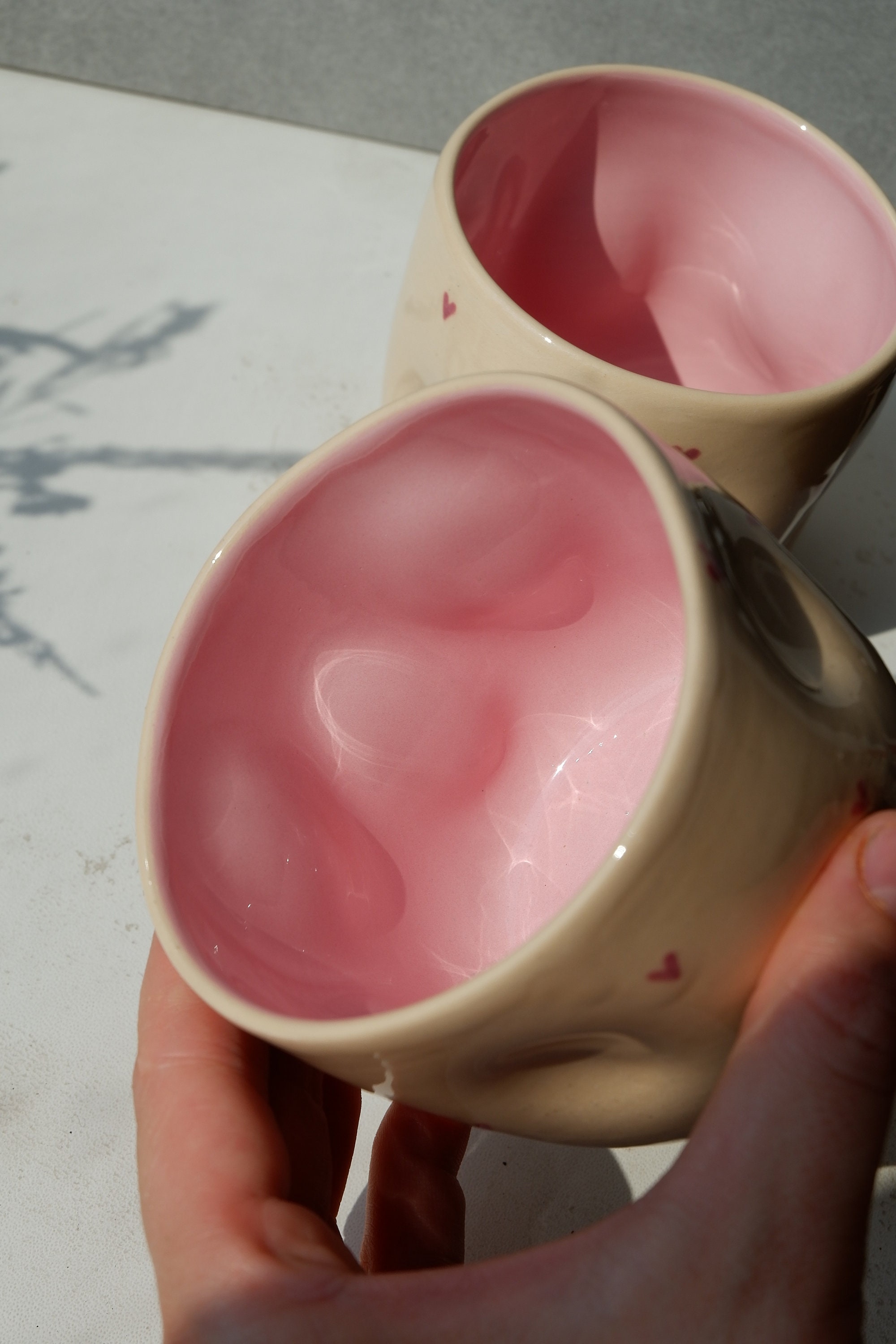 Ceramic Tumbler With Pink Hearts, Cute Beige Cup With Pink Hearts ...