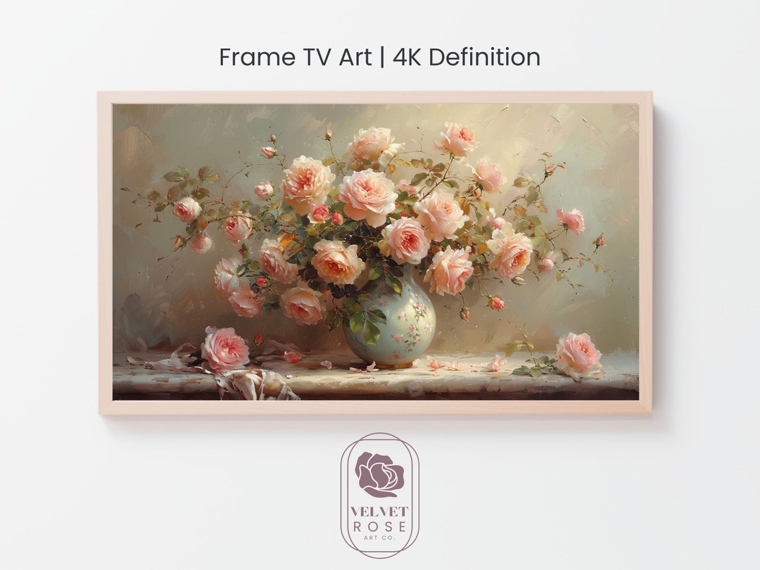 Neutral Valentines Frame TV Art, Pale Pink Floral Painting, Delicate ...