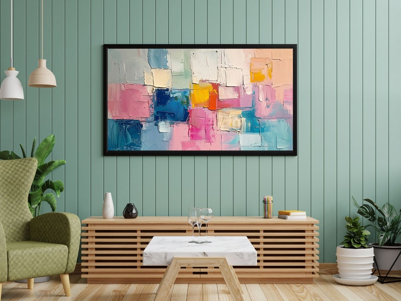 Abstract Pastel Frame TV Art, 3D Textured Oil Painting, Blush Pink ...
