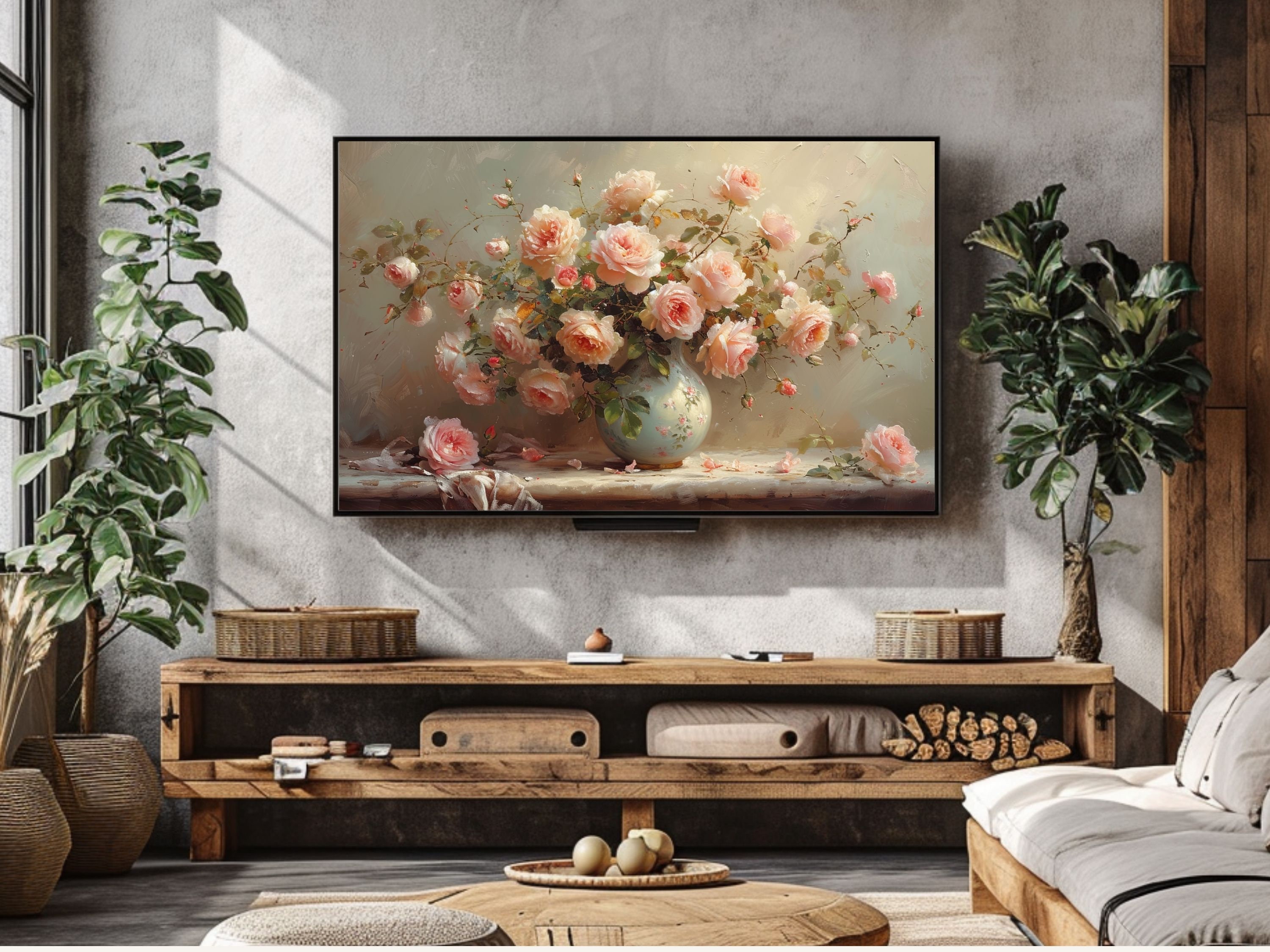 Neutral Valentines Frame TV Art, Pale Pink Floral Painting, Delicate ...