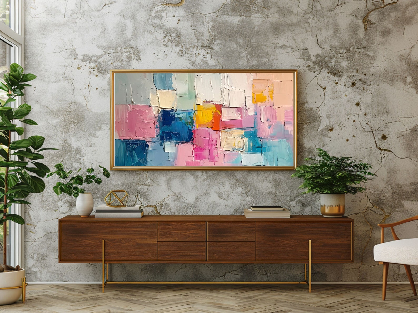 Abstract Pastel Frame TV Art, 3D Textured Oil Painting, Blush Pink ...