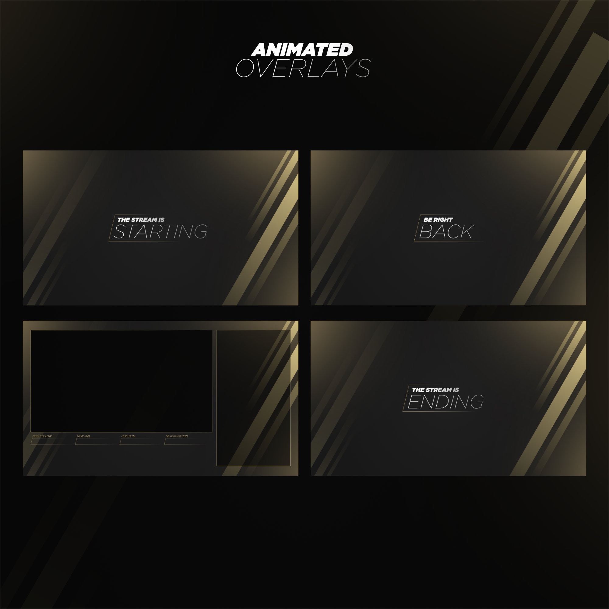 Animated Gold Black Streaming Overlay Pack | 5 Overlays, Webcam Frames ...