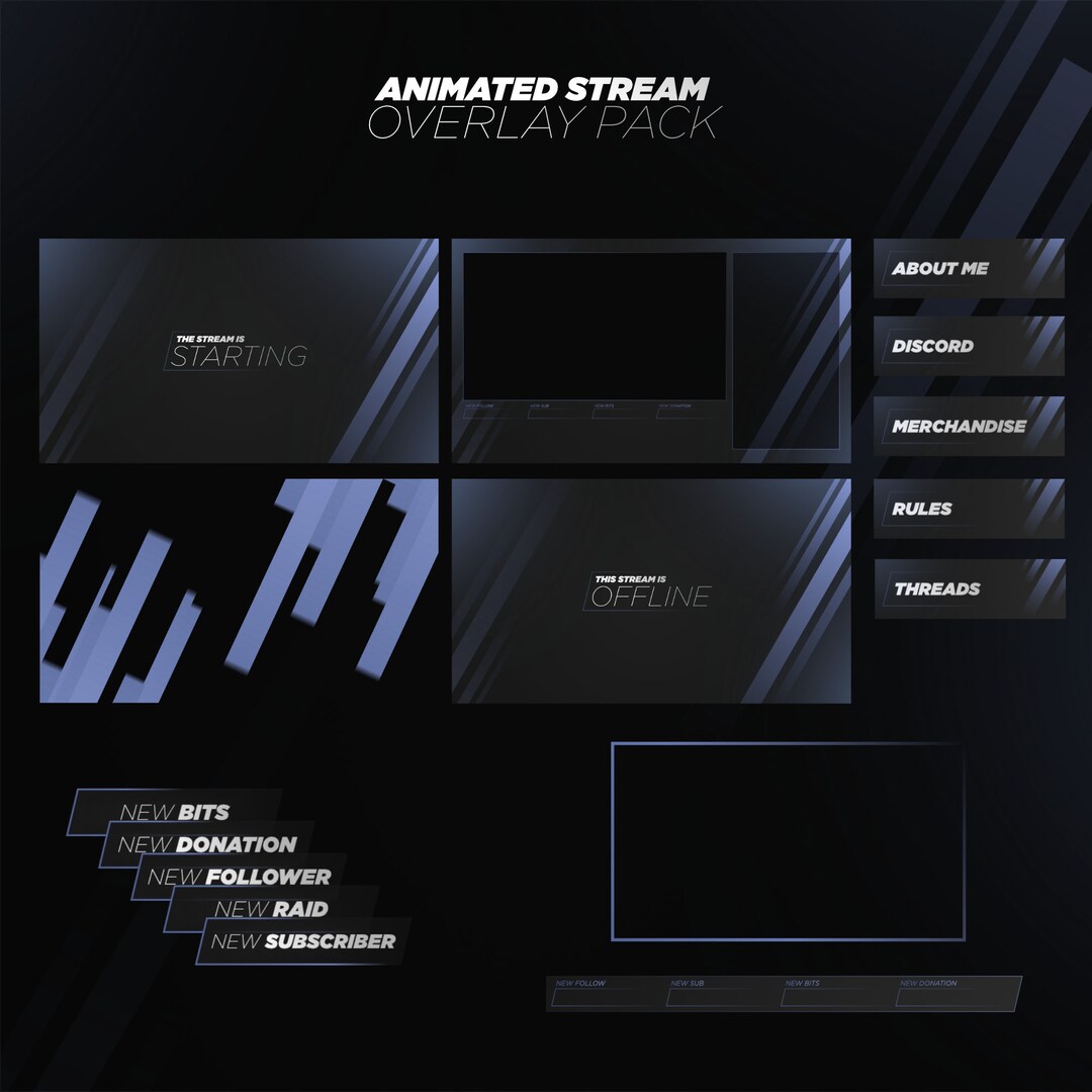 Animated Blue Black Streaming Overlay Pack 5 Overlays, Webcam Frames ...