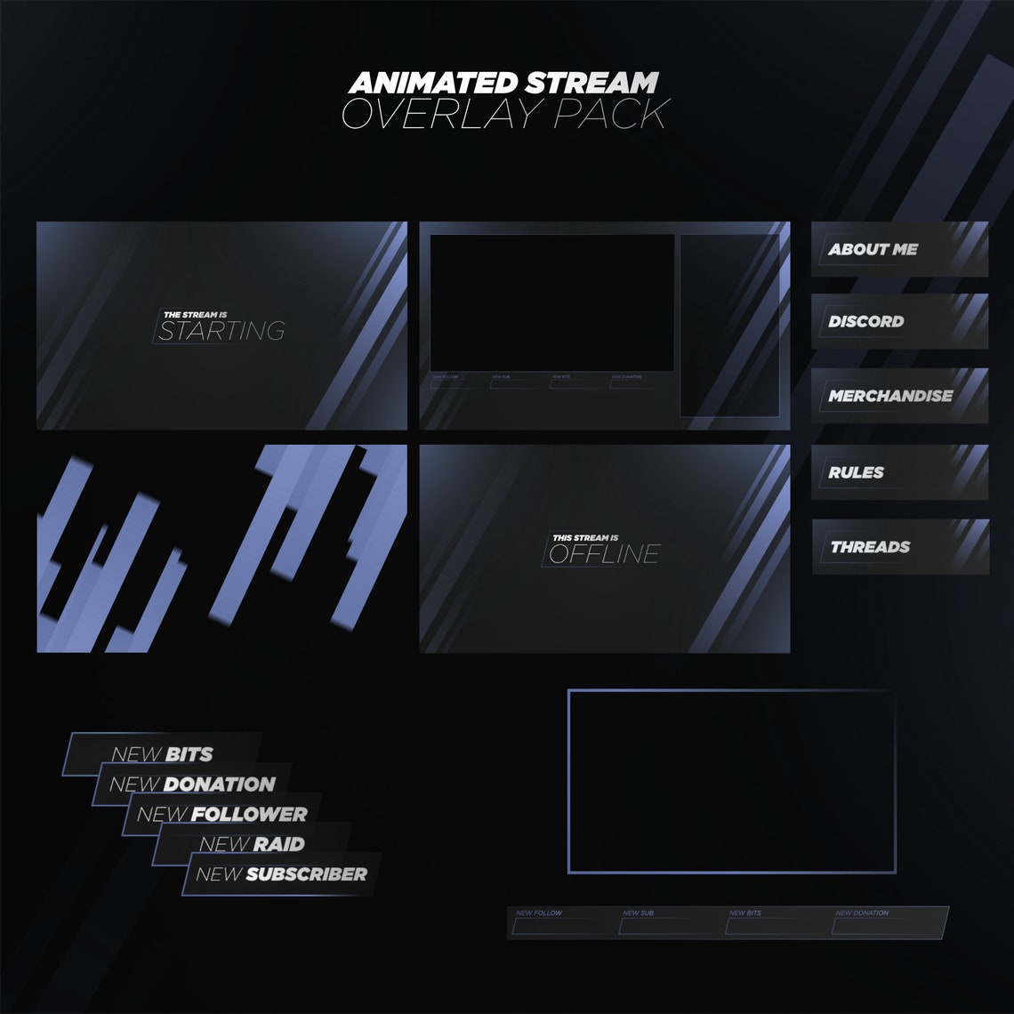 Animated Blue Black Streaming Overlay Pack | 5 Overlays, Webcam Frame ...