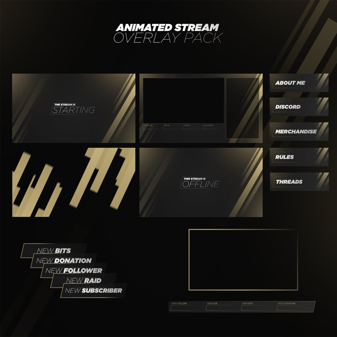 Animated Gold Black Streaming Overlay Pack | 5 Overlays, Webcam Frames ...