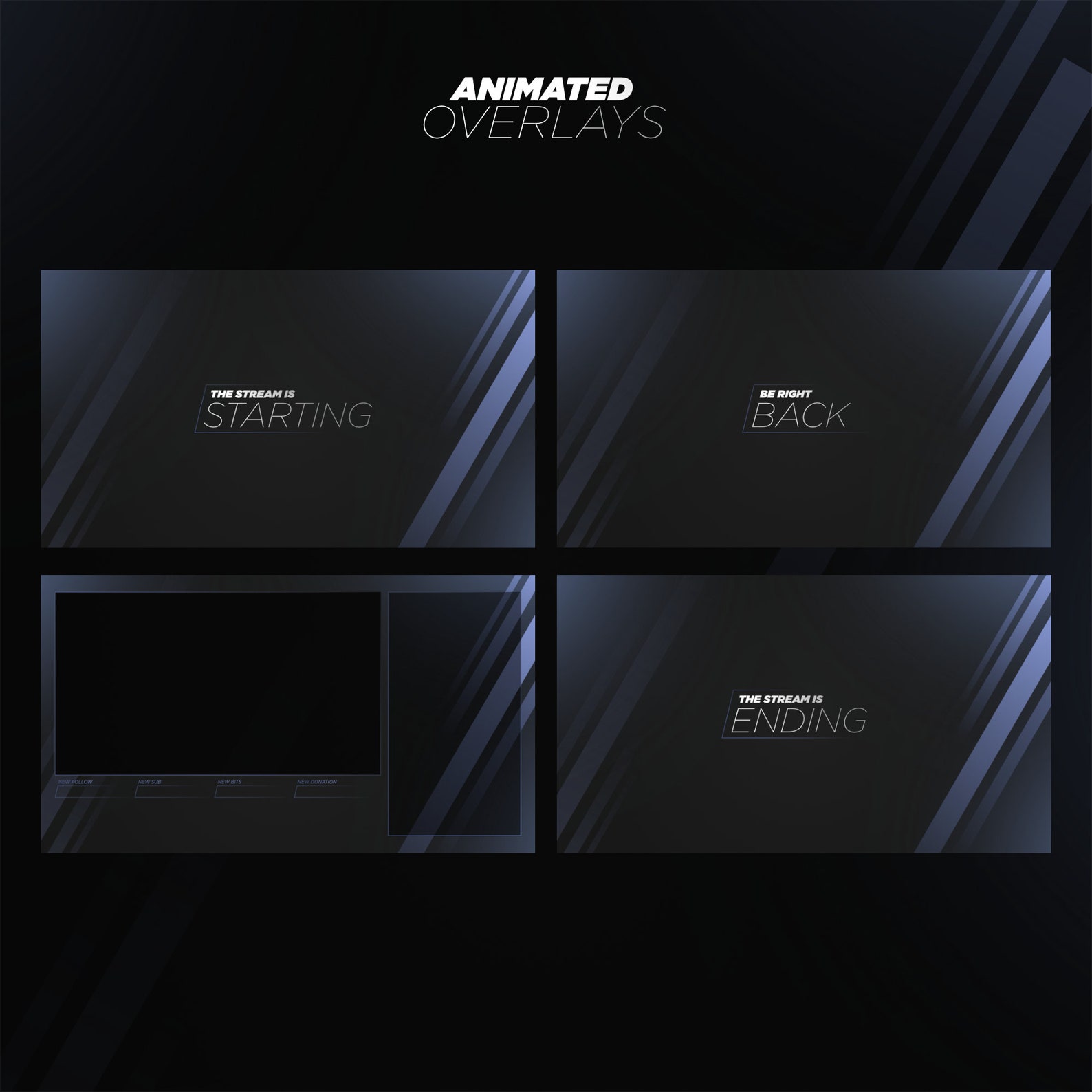 Animated Blue Black Streaming Overlay Pack | 5 Overlays, Webcam Frame ...