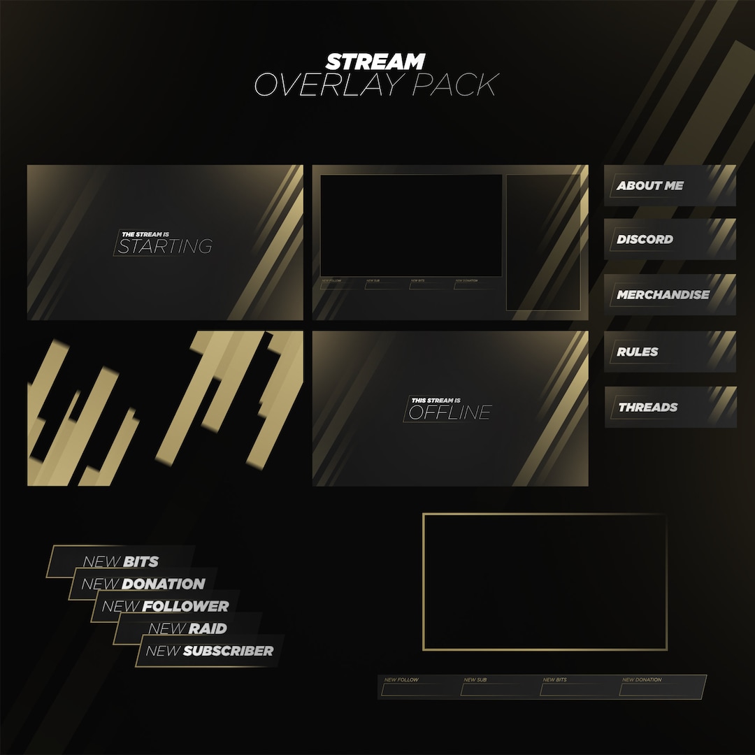 Gold Black Streaming Overlay Package | 5 Overlays, Webcam Frames, 23 ...