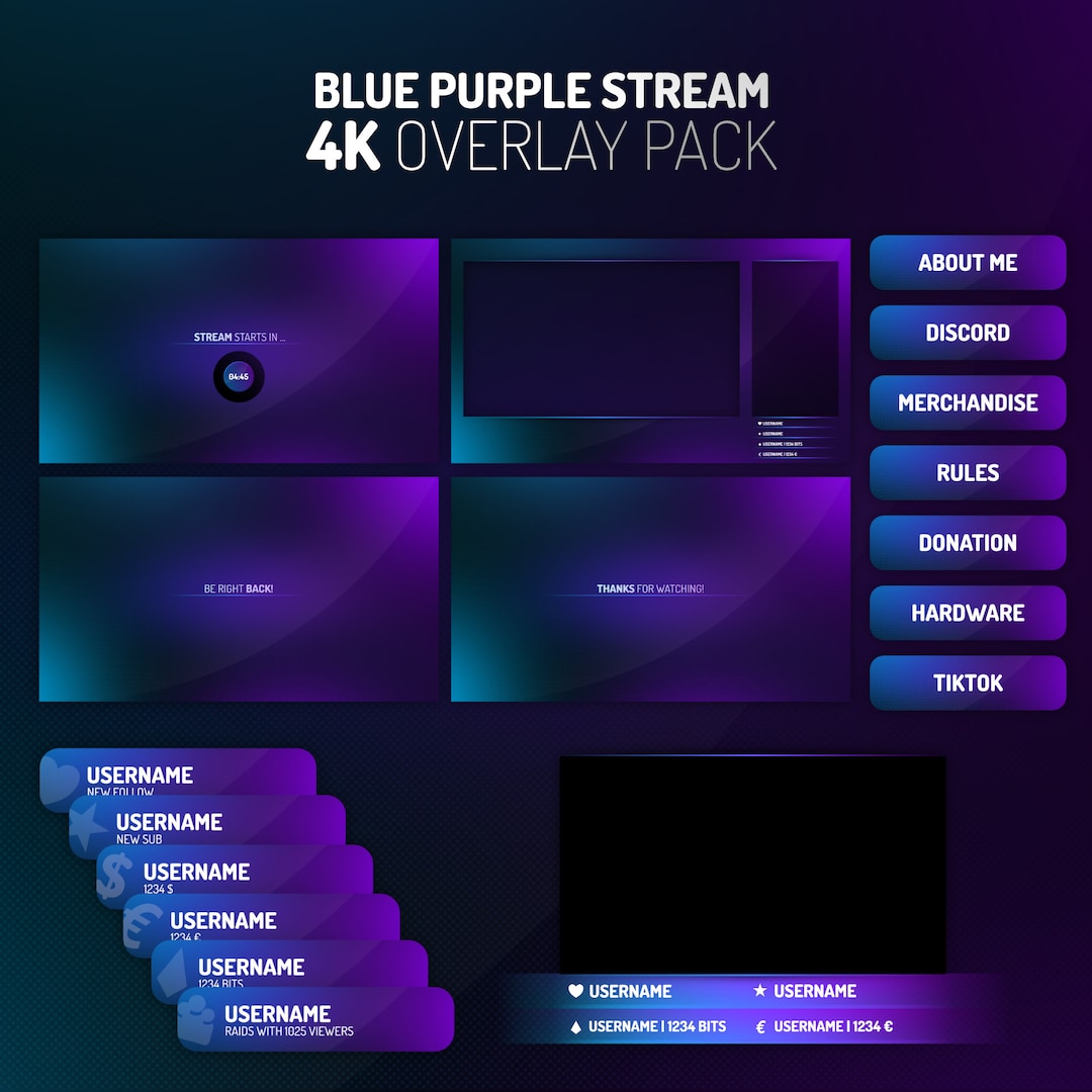 4K Blue Purple Streaming Overlay Package | 5 Overlays, Webcam Overlay ...