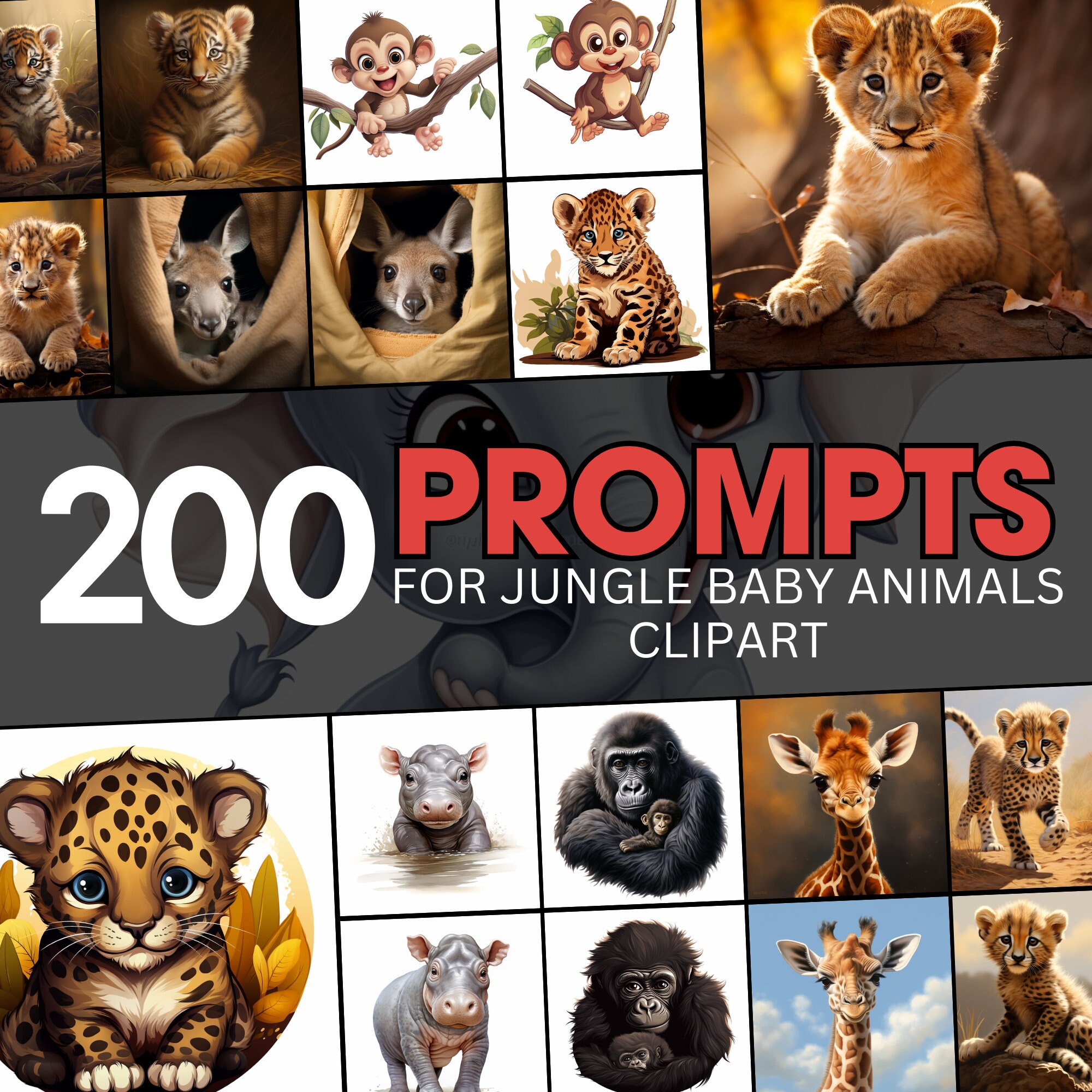 200 Prompts Jungle Baby Animals Clipart, Baby Animals Design, Ai ...