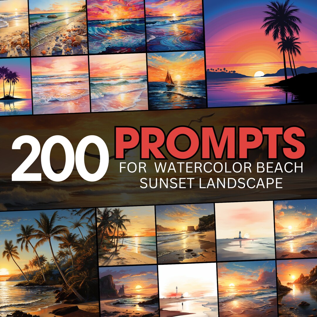 200 Prompts Watercolor Landscape, Watercolor Beach Sunset Landscape ...