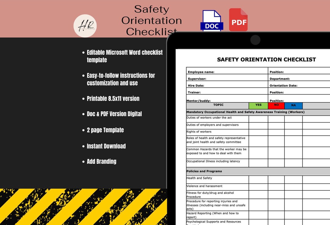 Safety Orientation Checklist HR New Hire Template Editable MS Word ...