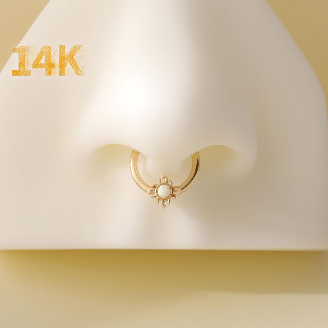 14K Sun Septum Ring Solid Gold, 16G Gold Septum Hinged Clicker Hoop ...