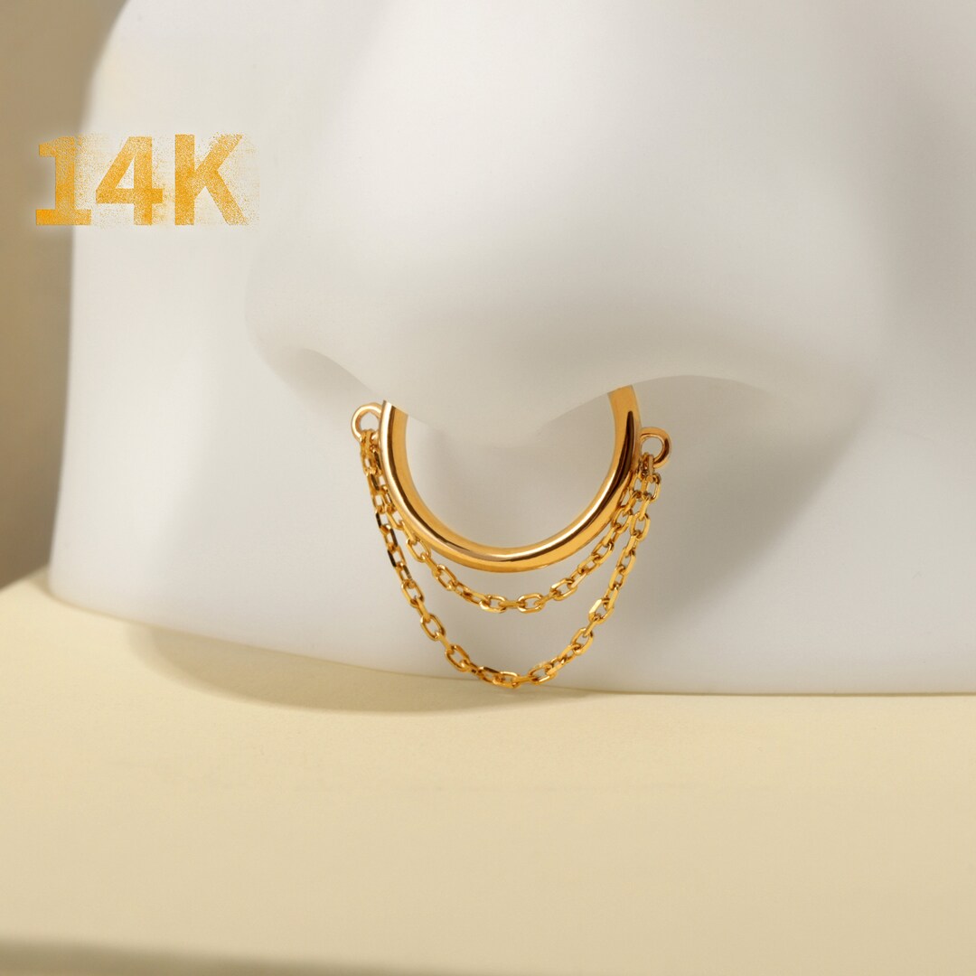 14K Septum Ring Solid Gold With Double Chain, Gold Septum Hinged ...