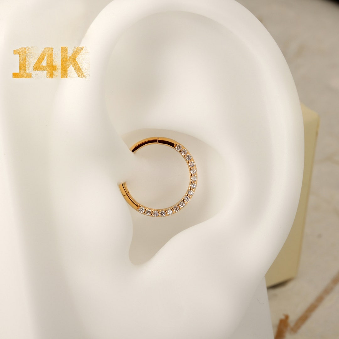 14K Solid Gold Daith Earring Hoop, CZ Hinged Daith Ring, Daith ...
