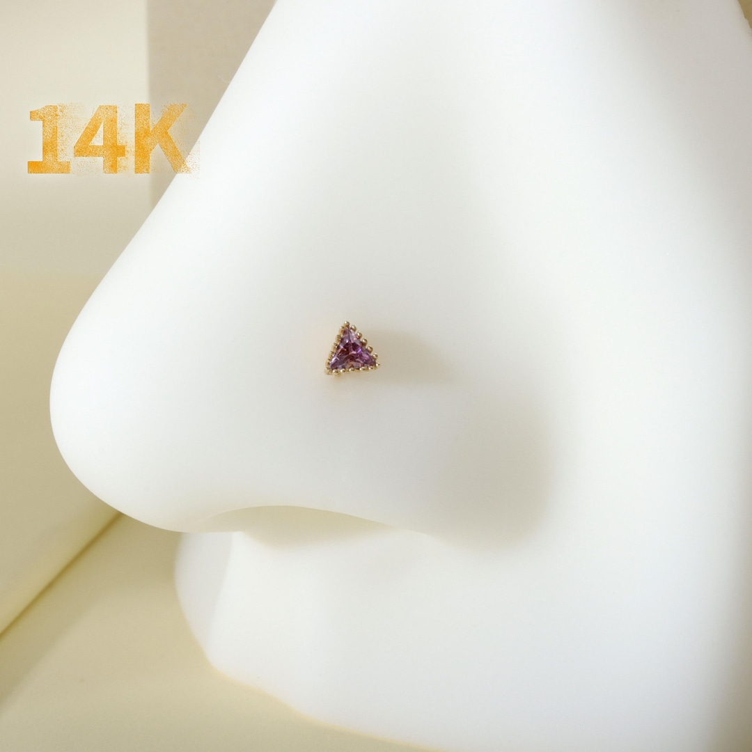 14K Gold Amethyst Triangle Nose Stud, 20G Nose Ring, 0.8mm Nose ...