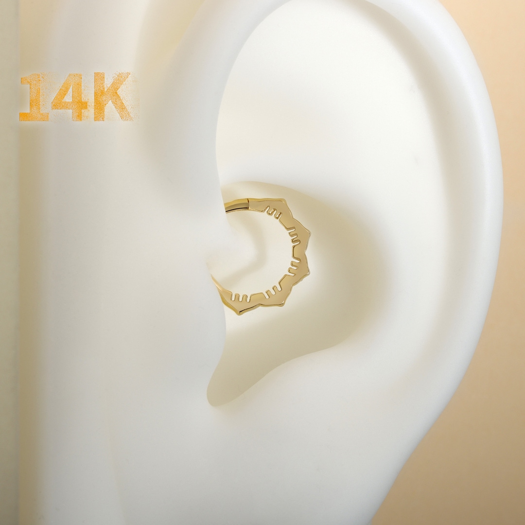 14K Solid Gold Flower Daith Earring Hoop, Gold Hinged Cartilage Hoop ...