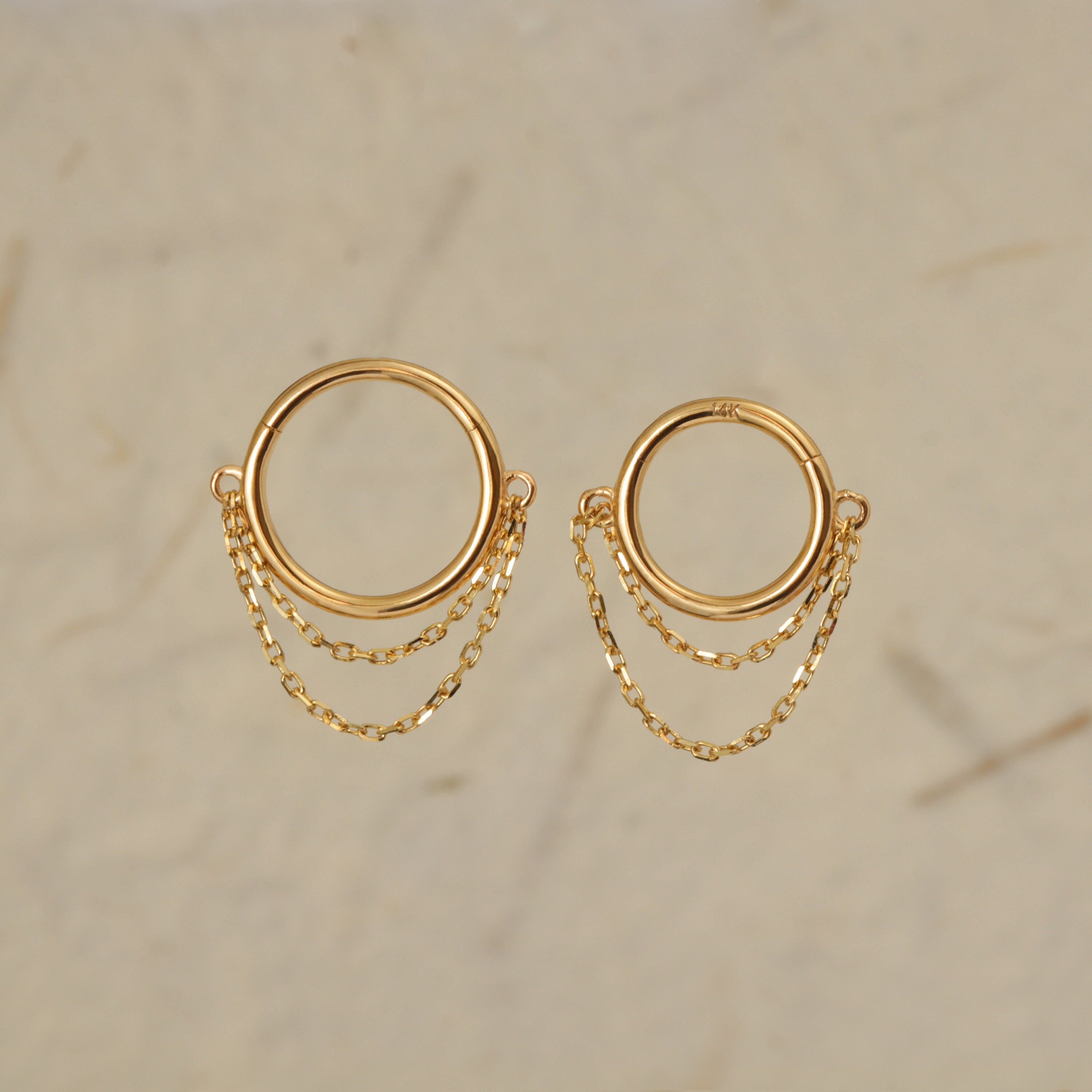 14K Daith Earring Hoop, Double Chain Hinged Daith Ring Solid Gold, Gold ...