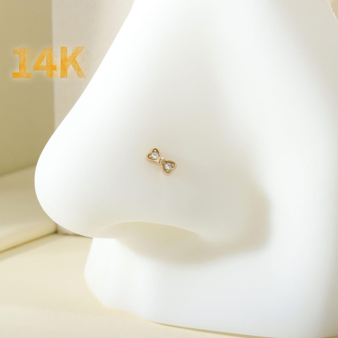 14K Gold CZ Bow Nose Stud, 20G Nose Piercing, 0.8mm Nose Piercing ...