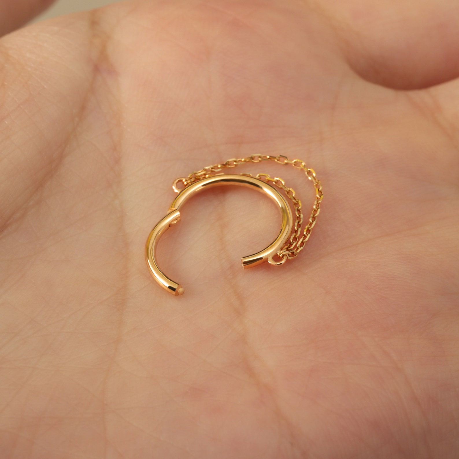 14K Daith Earring Hoop, Double Chain Hinged Daith Ring Solid Gold, Gold ...