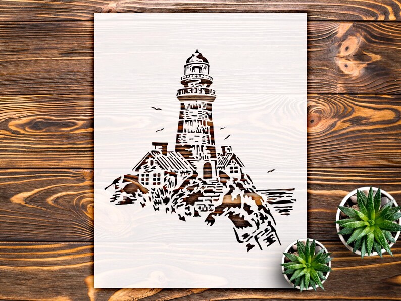 Lighthouse and Rocky Terrain Stencil - Nautical Design for Art and ...