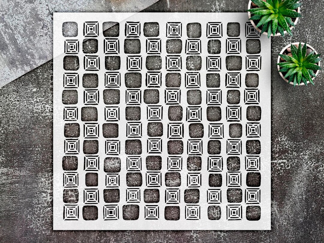 Geometric Square Pattern Stencil for Wall and Tile Painting – Reusable ...