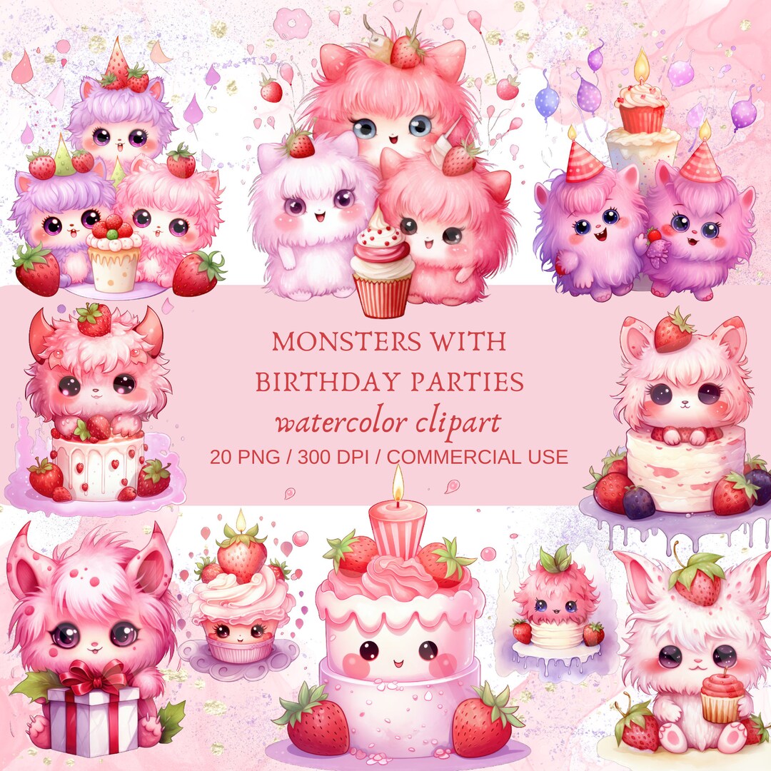 Monsters With Birthday Parties' Watercolor Clipart - Etsy