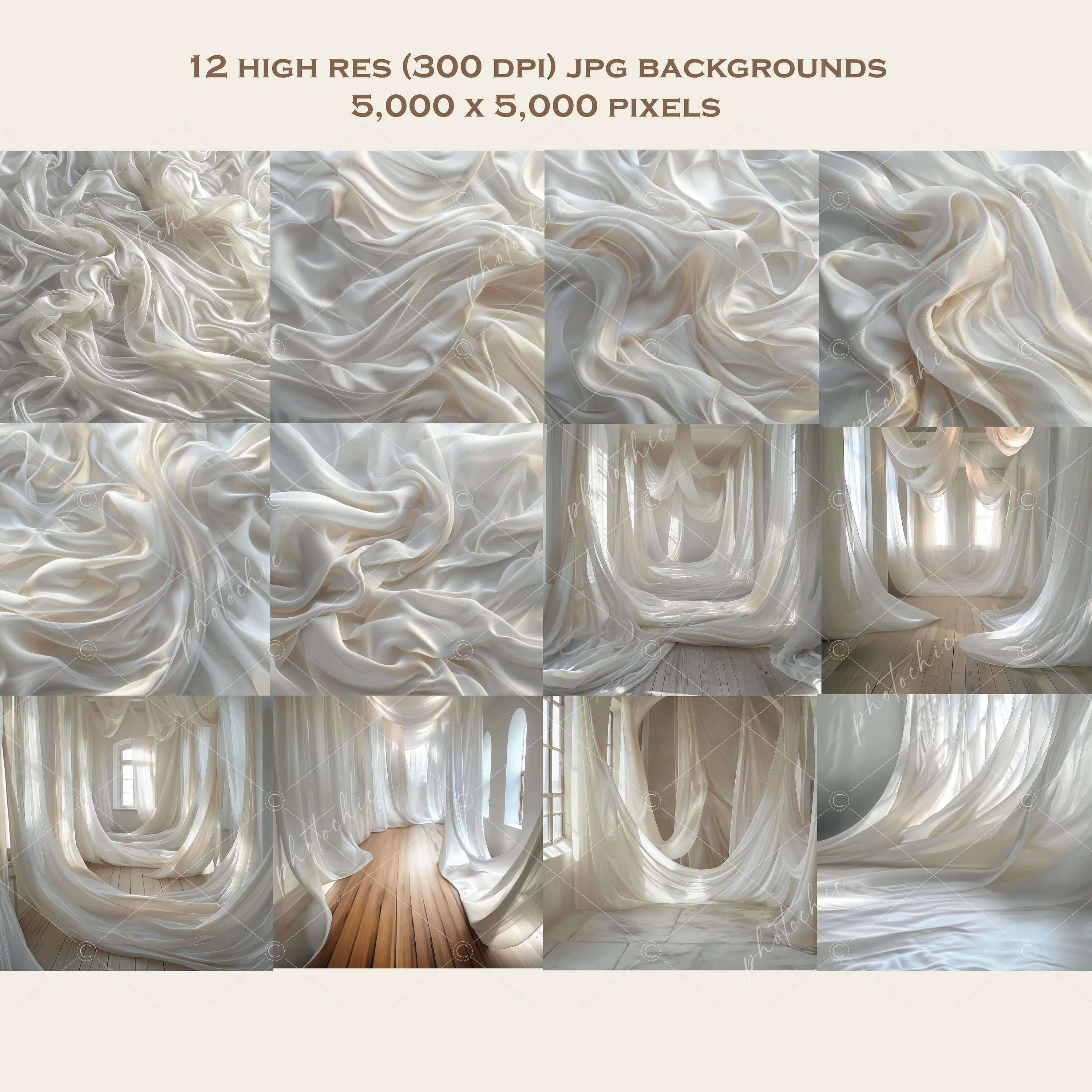 Digital Background Bundle (12), Flowing White Silk, Digital Backdrop ...