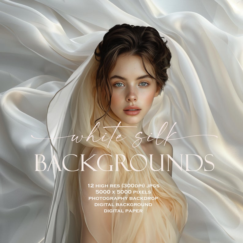 Digital Background Bundle (12), Flowing White Silk, Digital Backdrop ...
