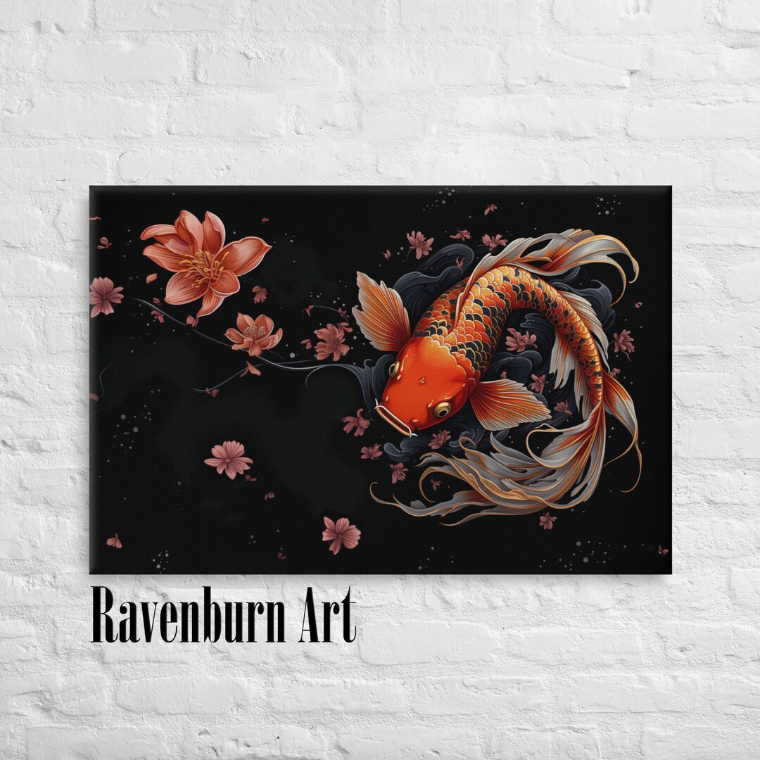 Japanese Golden Koi Wrapped Canvas. Traditional Artwork. Dark Goldfish ...
