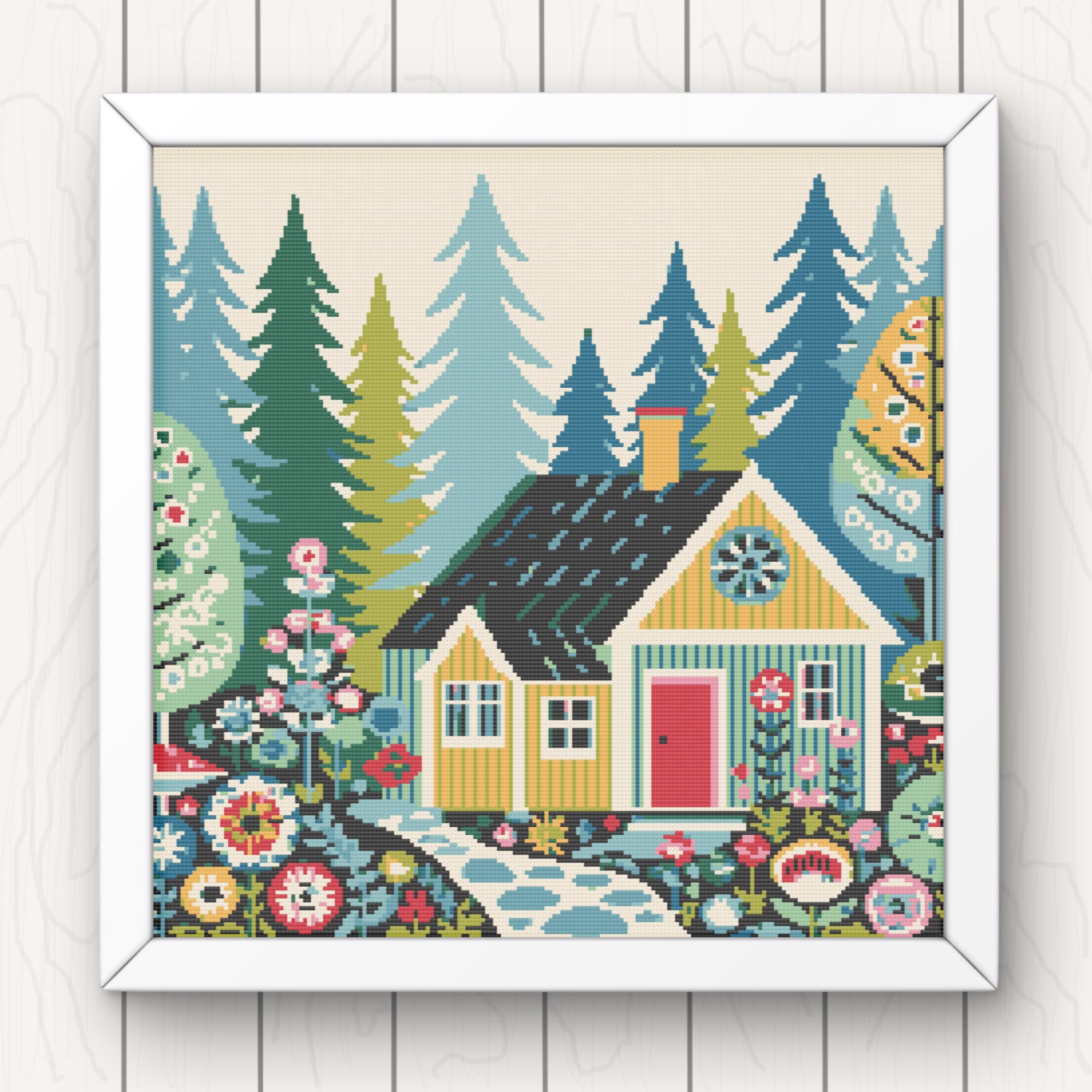 Cabin Cross Stitch Pattern Forest Woods Trees Pdf Instant Download Folk ...