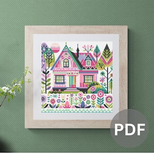 Village Cross Stitch Pattern Houses and Flowers Pdf Instant Download ...