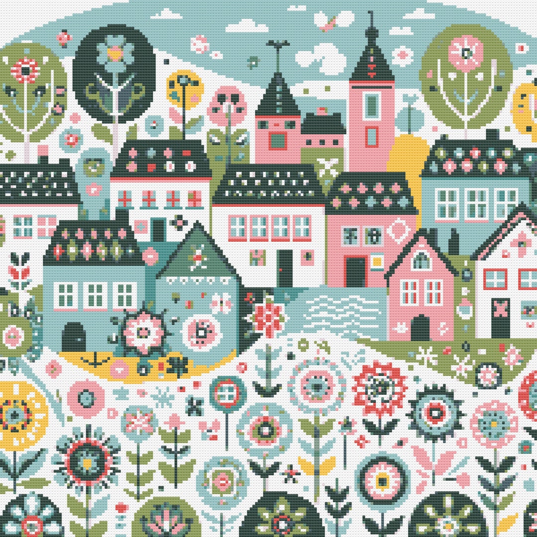 Village Houses Cross Stitch Pattern Flowers Pdf Download Folk Art Town ...