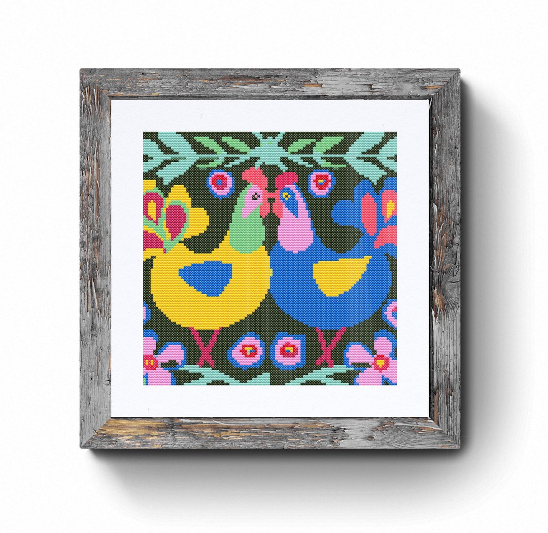 Chicken Cross Stitch Pattern Chickens Kissing Colourful Modern Cross ...