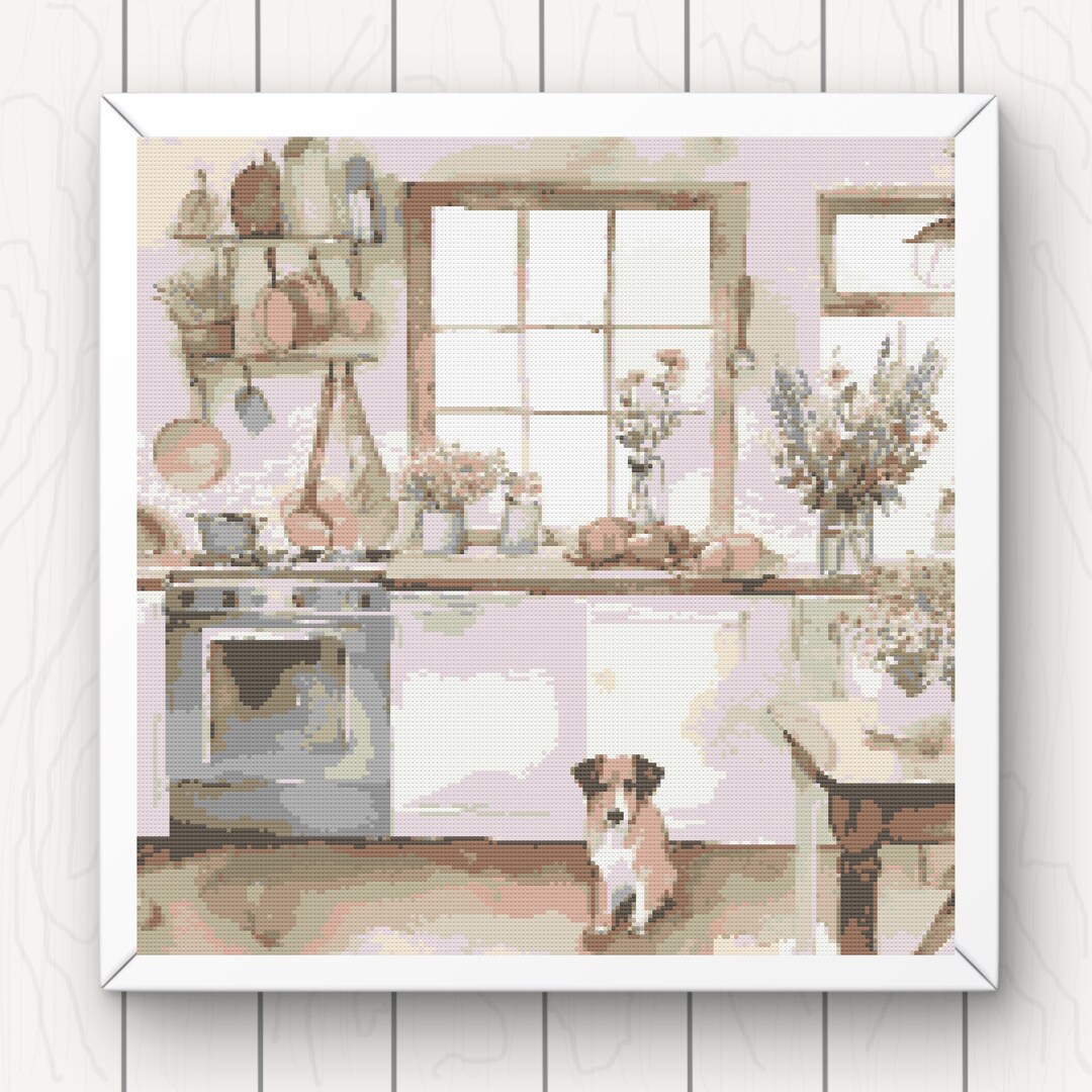 Farmhouse Cross Stitch Pattern Cottage Kitchen With Dog Watercolour Pdf ...