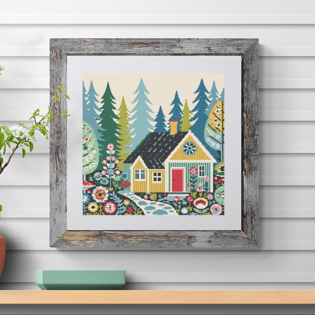 Cabin Cross Stitch Pattern Forest Woods Trees Pdf Instant Download Folk ...