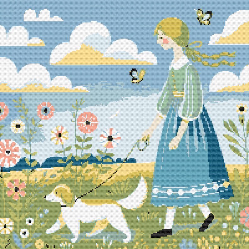 Whimsical Girl Walking Dog Cross Stitch Pattern: Folk Art (PDF Download ...